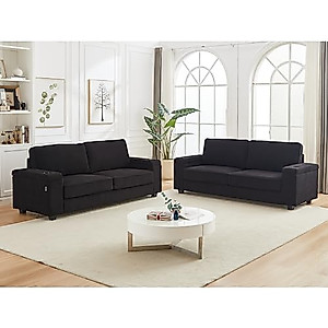 ERYE Modern Living Room Upholstered 3 Seater Sofa Couch Deep Seat Soft Corduroy Sofa&Couch with Storage Armrests, 2 Cupholders, Type-C and USB Charging Ports for Home, Apartment, Office