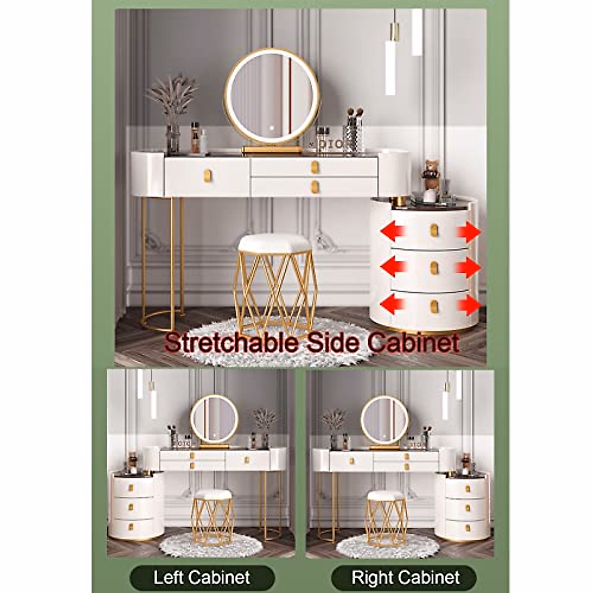 Makeup Vanity Desk with Lighted Mirror and Glass Top, Stylish Large Vanity Table Set with Drawers, Side Cabinet & Chair, 3 Lighting Colors, Perfect for Your Glamorous Beauty Routine