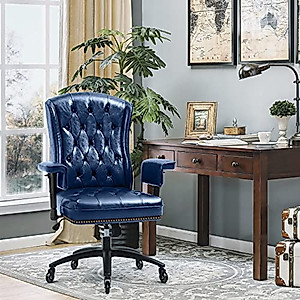YAMASORO Ergonomic Executive Office Chair with Height-Adjustable, Tufted Back & Nailhead Trim, High-Back Desk Chair for Home & Office, Faux Leather Swivel Managerial Chair,Blue