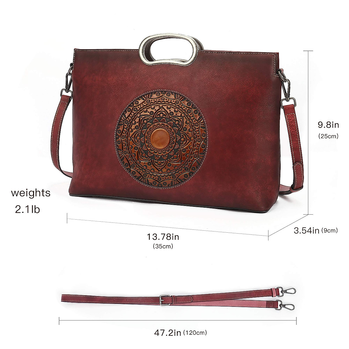 Genuine Leather Handbags for Women, Organizer Crossbody Bag Large Satchel Vintage Embossing Totem Shoulder Bag (Red)