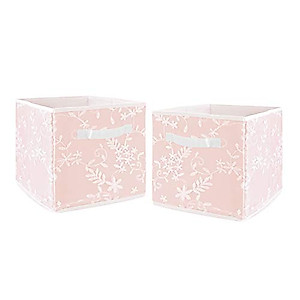 Sweet Jojo Designs Pink Floral Vintage Lace Foldable Fabric Storage Cube Bins Boxes Organizer Toys Kids Baby Children - Set of 2 - Solid Blush Luxurious Elegant Princess Boho Shabby Chic Luxury Flower
