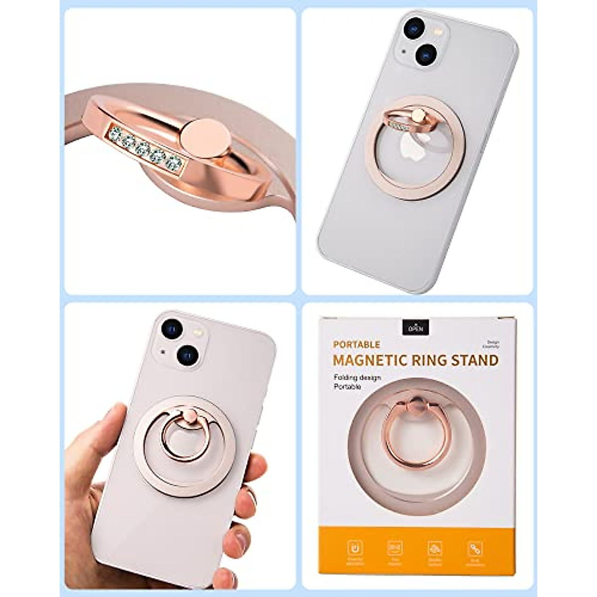 Magnetic Phone Grip (MagGo) Removable Phone Holder Stand Adjustable Finger Ring Grip Compatible with Magsafe for All Smartphone/Case (Rose Gold)