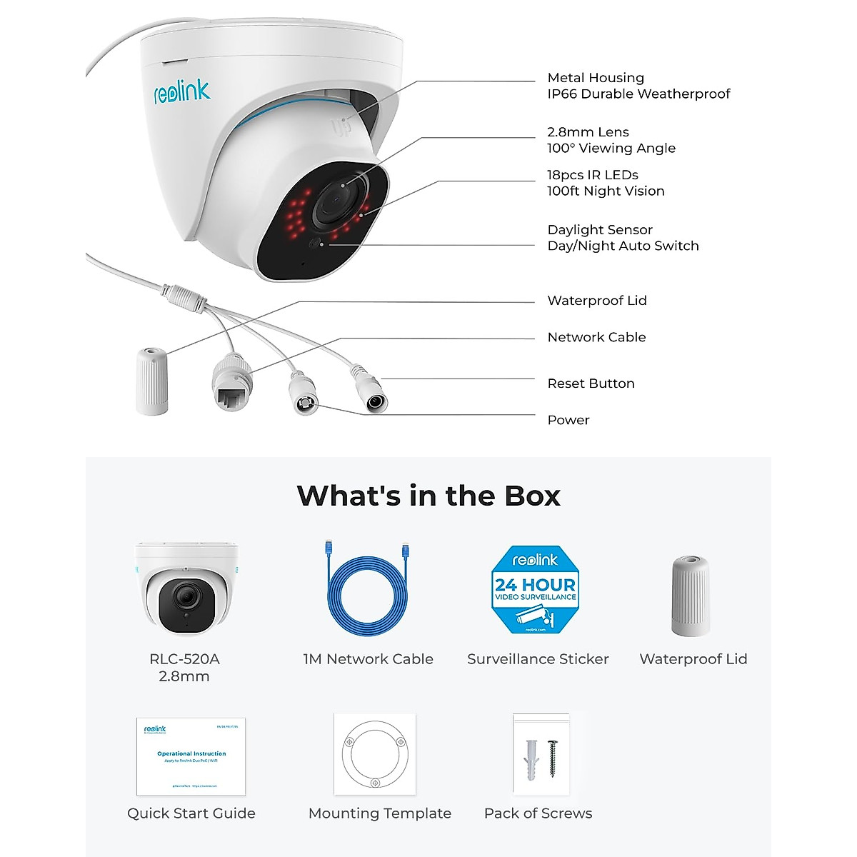 REOLINK 5MP Outdoor Security Camera, Turret POE IP Camera with 2.8mm Lens, 130° Diagonal, 100ft IR Night Vision, Built-in Mic, AI Human/Vehicle/Pet Detection for Home Surveillance, RLC-520A-2.8mm