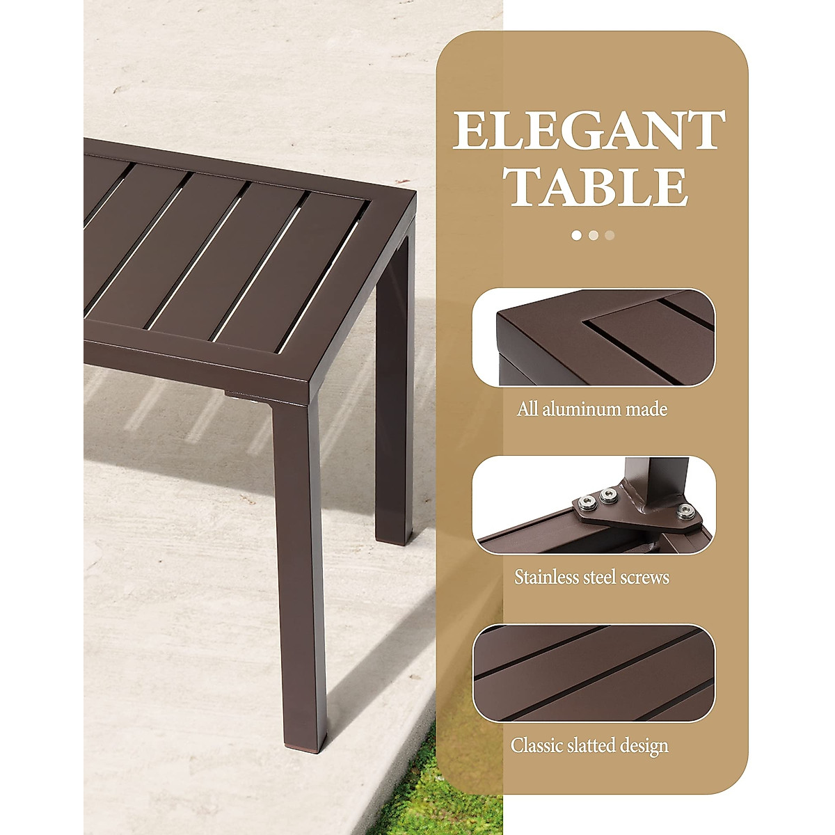 Crestlive Products Outdoor Side Table,Aluminum Rectangular Side/End Table, Small Patio Coffee Bistro Table for Outdoor Indoor (Brown)