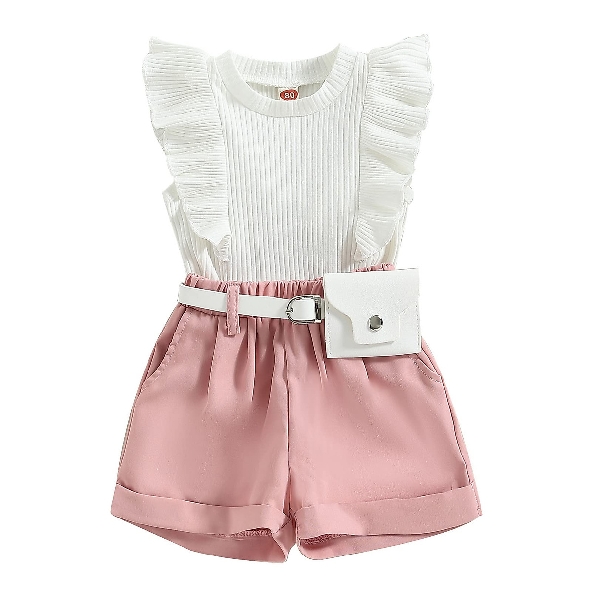 Kid Toddler Baby Girl Summer Outfits Ruffled Sleeveless Ribbed Tops Elastic Waist Shorts with Belt Outfit Set (A-White Pink, 3-4 Years)