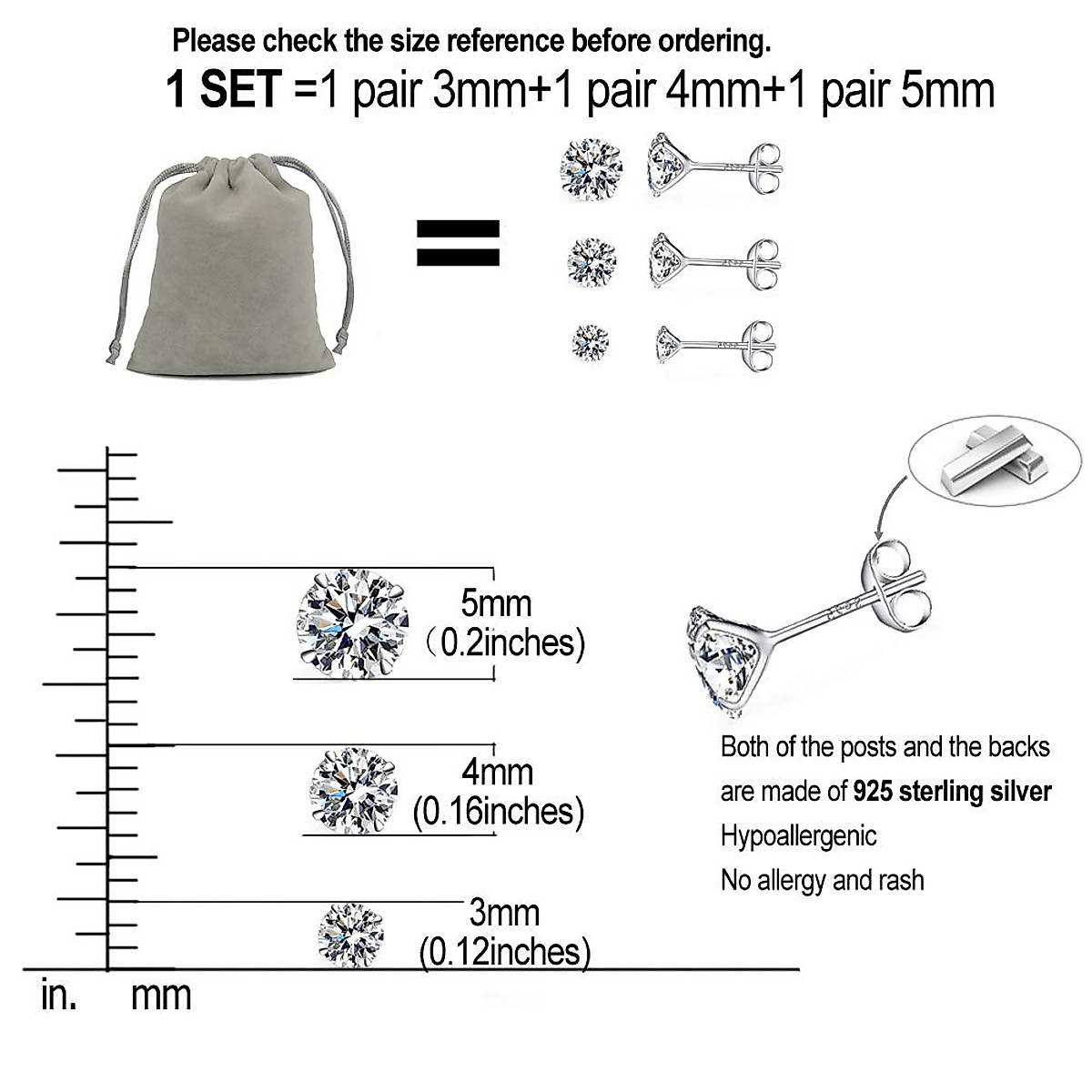 3 Pairs 925 Sterling Silver Cubic Zirconia Stud Earrings Hypoallergenic Earring CZ Cartilage Tragus Earring Sets for Women Men Girls 3mm4mm5mm