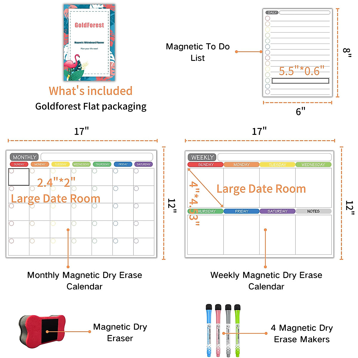 GOLDFOREST® 2024 Fridge Calendar Refrigerator Magnetic Dry Erase Board,17x12" Monthly and Weekly Whiteboard, Daily Organizer Planner/Grocery List, 4 Fine Tips Markers and Free Eraser, New Year Gift