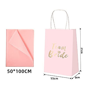 Outus 12 Pieces Team Kraft Bride Gift Bag Bridesmaid Gift Bag Wedding Bride Handles Paper Bag with 12 Pieces Tissue Paper for Wedding Bridal Party, Pink, Gold Letter(3 x 6 x 8 Inch)