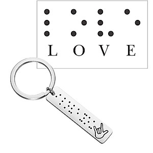 BEKECH ASL Jewelry Gifts I Love You in Braille Engraved Keychain Hand Sign Language Jewelry Gift for Her Him Wife Husband (silver)