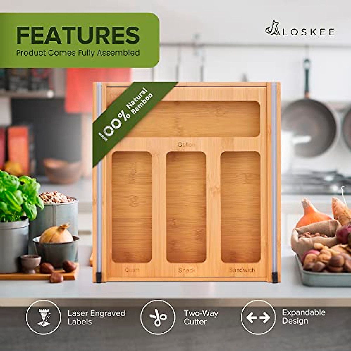 LOSKEE Ziplock Bag Organizer and Plastic Wrap Dispenser with Cutter, 6 IN 1 Expandable Bamboo Foil and Plastic Wrap Organizer for Kitchen Drawer, Ziplock Bag Storage Organizer for Gallon, Quart, Sandwich, and Snack Bags