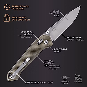 Firebird Ganzo FB7651-GR Pocket Folding Knife 440C Stainless Steel Blade G10 Anti-Slip Handle with Clip Hunting Fishing Camping Folder Outdoor EDC Knife (Green)