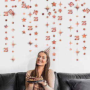 Rose Gold 25th Birthday Decorations Number 25 Circle Dot Twinkle Star Garland Metallic Hanging Streamer Bunting Banner Backdrop for Girls Twenty Five Year Old Birthday 25th Anniversary Party Supplies