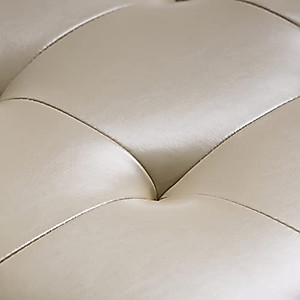 SIMPLIHOME Cosmopolitan 34 Inch Wide Transitional Rectangle Storage Ottoman in Satin Cream Vegan Faux Leather, For the Living Room, Entryway and Family Room