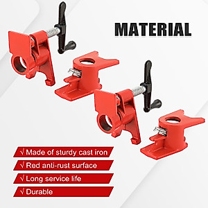 FLKQC 3/4" Wood Gluing Pipe Clamp Set with Unique Foot Design Red Heavy Duty Bar Clamps Cast Iron Quick Release Pipe Clamp Tools for Woodworking (6)
