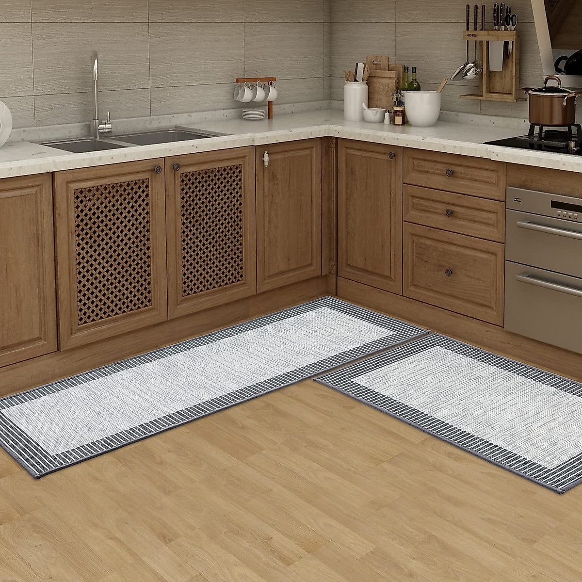 Oriannal 5x7ft Washable Area Rugs Boho Gray +2 PCS Kitchen Rugs Non-Slip 17 X30/17X47 Inch Gray and White