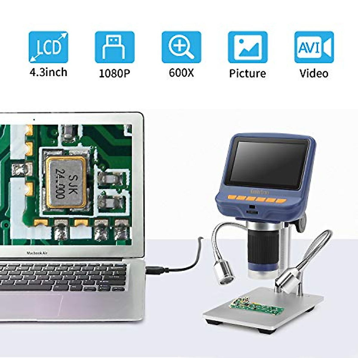 Koolertron 4.3 inch LCD Digital Microscope,10X-220X Magnification Zoom Coin Microscope,8 LED Adjustable Light &Fill Lights,1080P Camera Video Microscope for PCB/Watch Repairing/Plant/Rock Observing