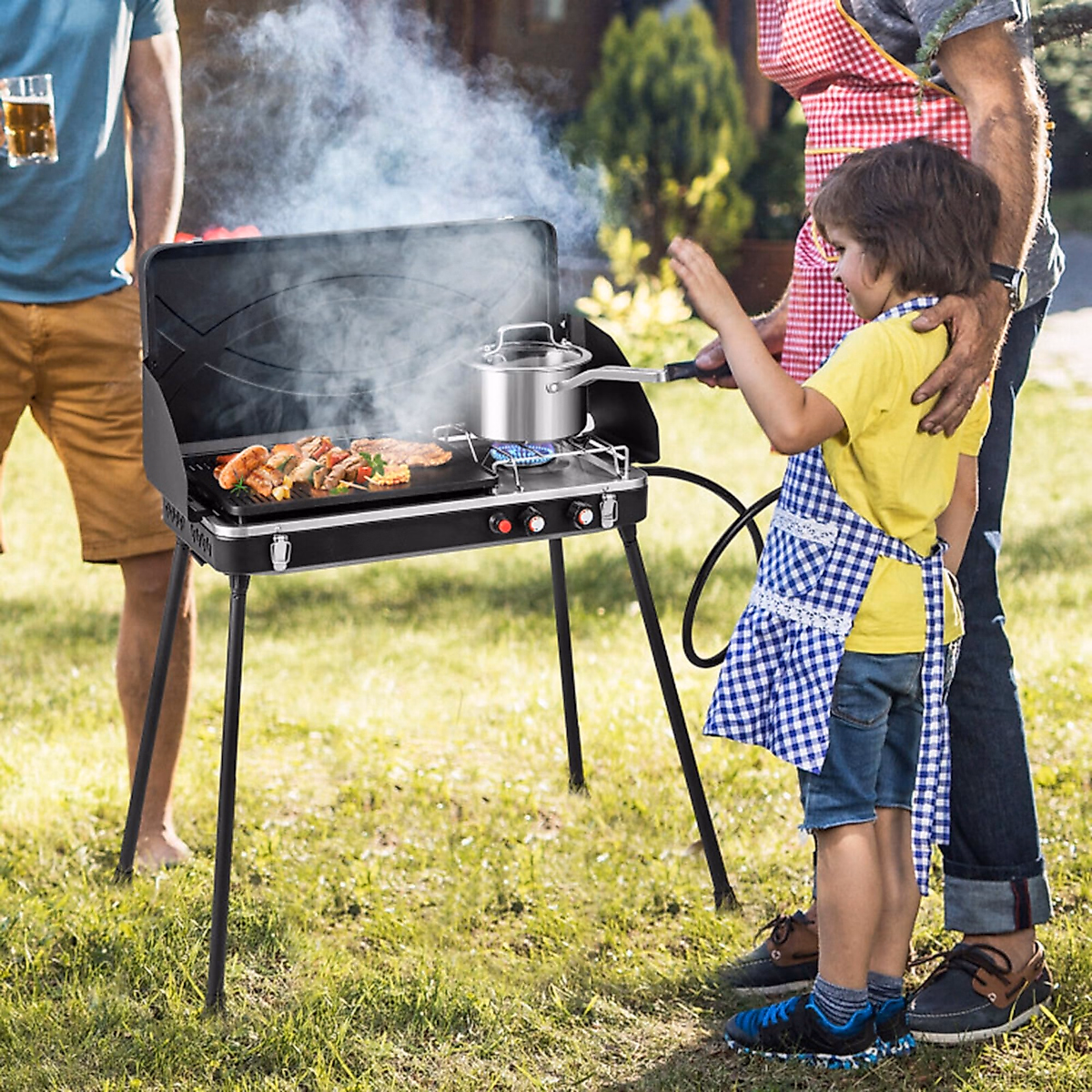 Gas Grill, 4 Burner Stove, 10,000 BTU Professional BBQ Grill, 2-in-1 Gas Camping Grill and Stove with Detachable Legs
