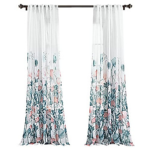 Lush Decor Zuri Flora Sheer Window Curtain Panel Pair, 84" Long x 38" Wide, Blue & Coral