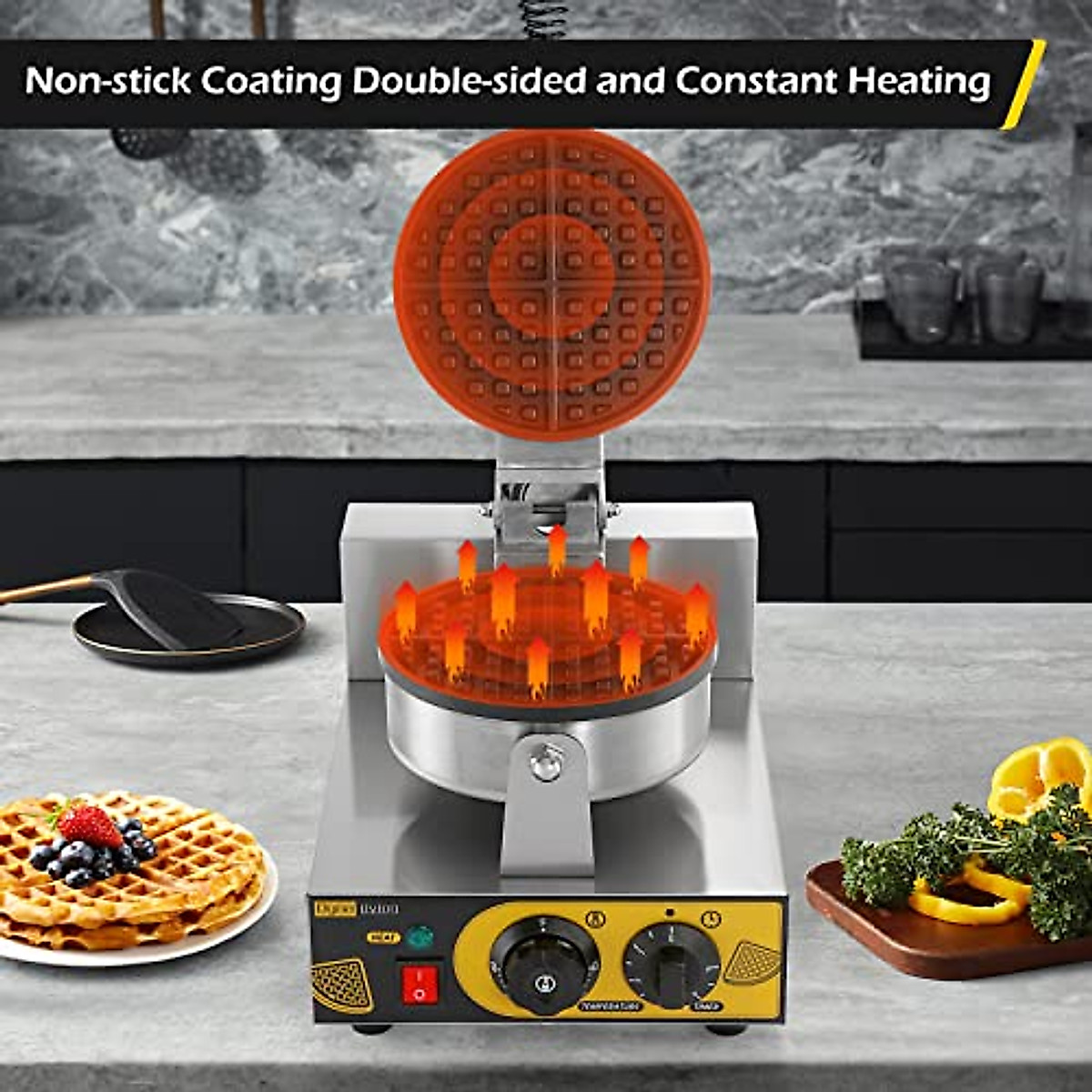 Dyna-Living Commercial Waffle Maker Electric Waffle Iron Nonstick Restaurant Flip Waffle Cones Maker Machine Waffle Bowl Maker for Household Bakeries Snack Bar 110V 1200W