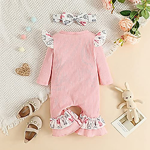 ZIMBRO Baby Girl Easter Outfit Bunny Print Romper My 1st/First Easter Letter Jumpsuit Long Sleeve Bodysuit Headband (Pink,0-3 Months)