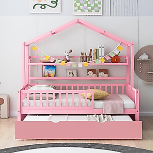 Harper & Bright Designs Wooden Twin Size House Bed with Trundle,Kids Bed with Shelf, White (Twin, Pink+Trundle1)