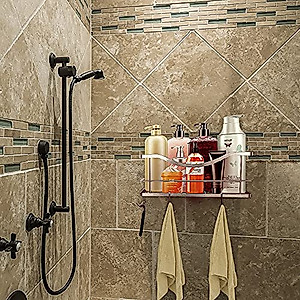 Lulofun Shower Caddy Basket Shelf with Hooks, Kitchen Bathroom Toilet Traceless Adhesive Storage Organizer for Shampoo Razors, Rustproof SUS304 Stainless Steel No Drilling Rack