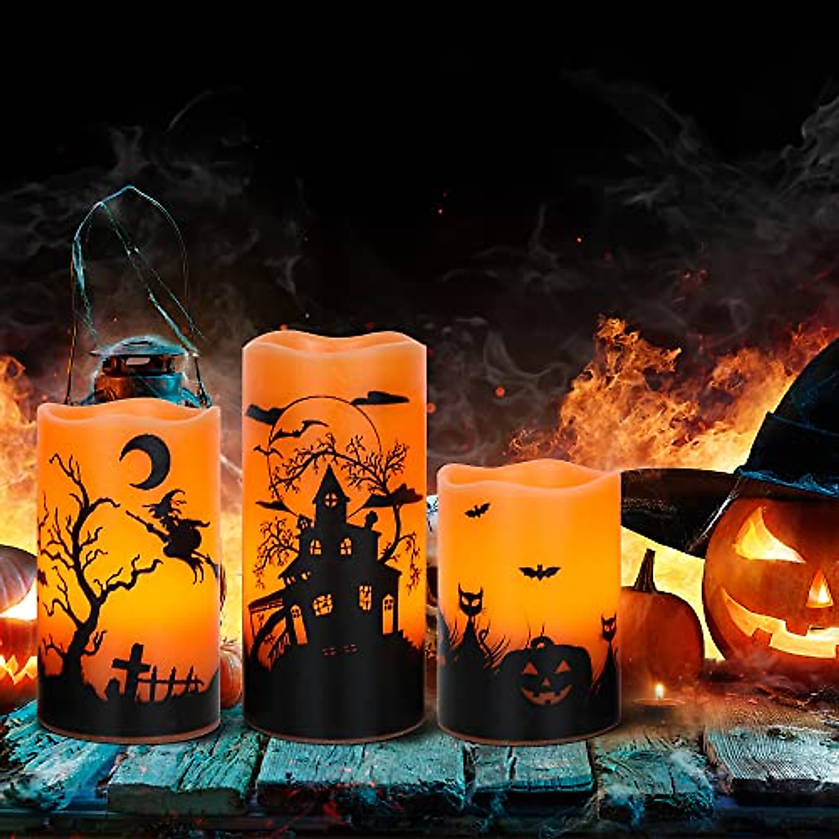 Wondise Halloween Flickering Flameless Candles with 6 Hour Timer, Battery Operated LED Real Wax Candles Set of 3 Halloween Home Decoration Gifts(3 x 4 5 6 Inch)