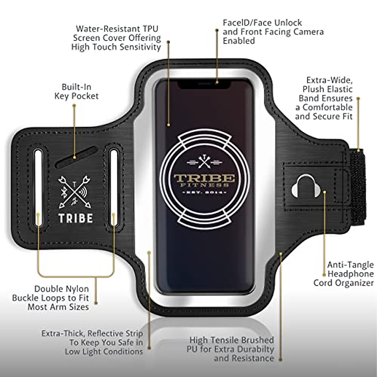 TRIBE Running Phone Holder Armband. iPhone & Galaxy Cell Phone Sports Arm Bands for Women, Men, Runners, Jogging, Walking, Exercise & Gym Workout. Fits All Smartphones. Adjustable Strap, CC/Key Pocket