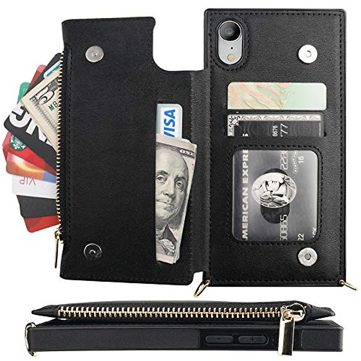 Bocasal Crossbody Wallet Case for iPhone Xr with Card Holder,Zipper Card Slot Protector Shockproof Purse Cover with Removable Cross Body Strap 6.1 Inch(Black)