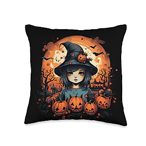 Kitty Moon Magic Tastic Little Girl's Pumpkin Cat Halloween Parade Throw Pillow, 16x16, Multicolor