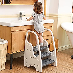 3-Step Stool with Handrails for Toddler and Kids, Standing Learning Tower for Bathroom Sink, Potty Training, Children Step Up Learning Helper with Handles and Safety Non-Slip Pads(Gray)