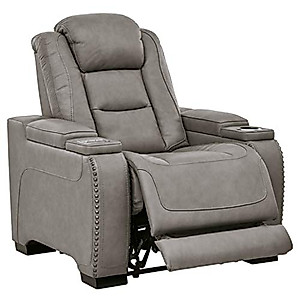 Signature Design by Ashley The Man-Den Leather Power Recliner with Adjustable Headrest & Wireless Charging, Gray