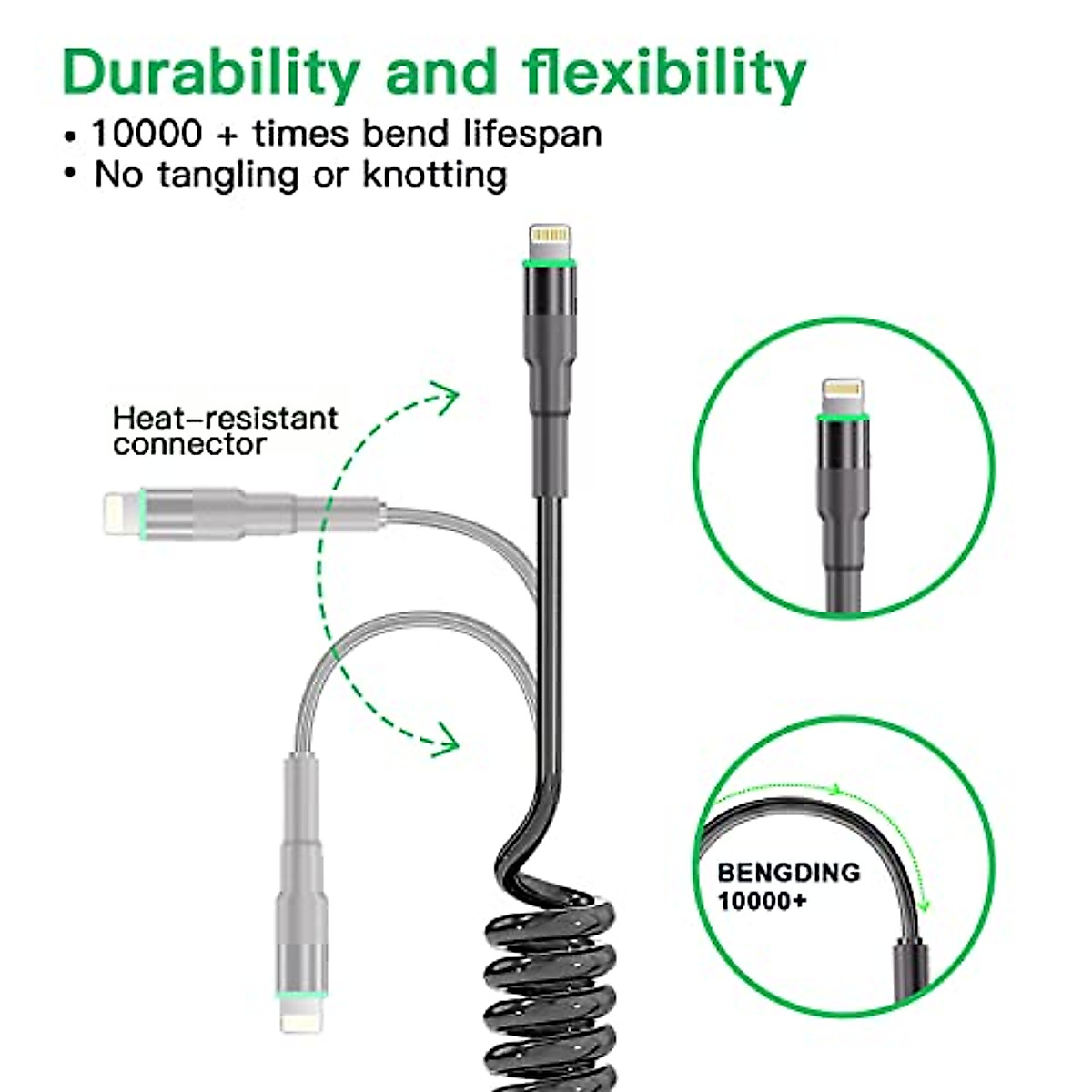Coiled Lightning Cable Carplay[Apple Mfi Certified], USB to Lightning Cable Fast Data Sync with LED, Short Retractable iPhone Charger Cord for Car Compatible with iPhone 14/13/12/11 Pro Max/Pro/Xs Max