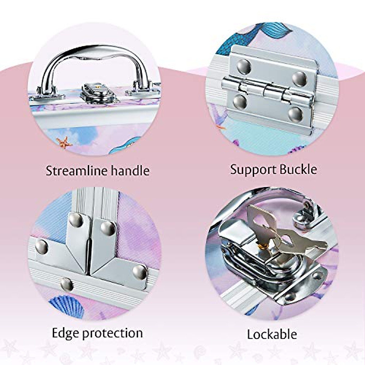 Joligrace Makeup Train Case for Girls Cosmetic Box Kids Jewelry Organizer Hair Accessories Storage Lockable with 2-Tier Trays & Mirror Mermaid Princess