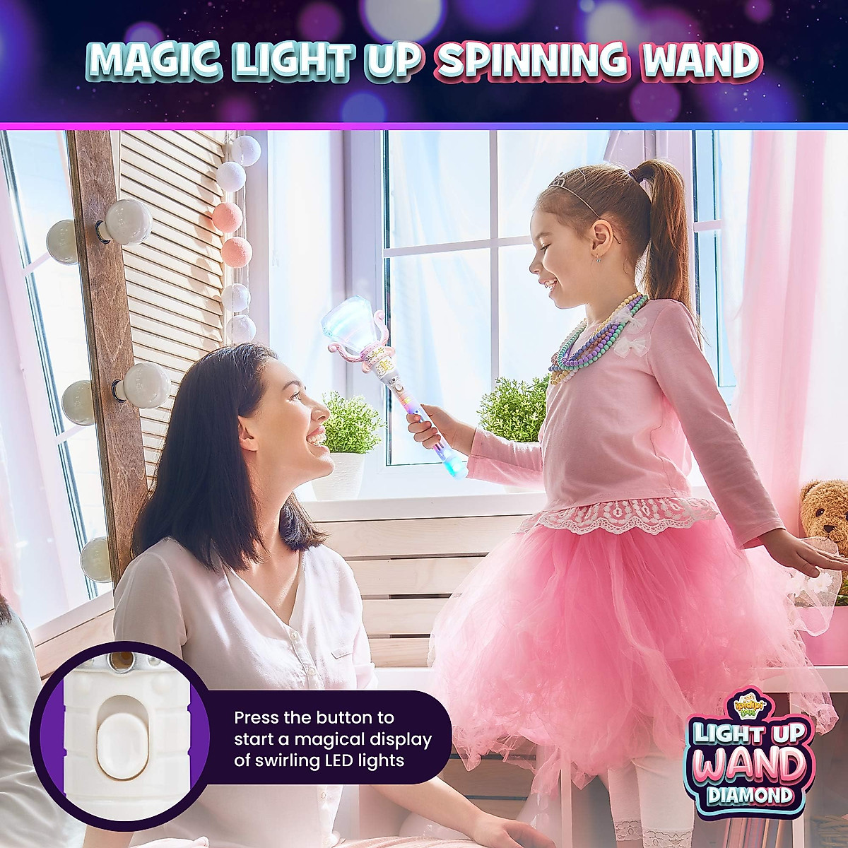 IPIDIPI TOYS Light Up Spinning Diamond Wand, Rotating Magic Princess Toy, Sensory Pretend Play for Kids Girls and Boys, Christmas Stocking Stuffers