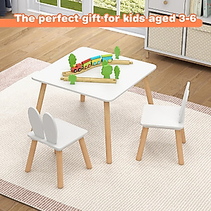 HONEY JOY Kids Table and Chair Set, Children Wooden Activity Table & 2 Chairs Set, Solid Wood Legs, Easy Assembly, 3 Piece Rabbit Themed Toddler Furniture Set for Art Craft (White)