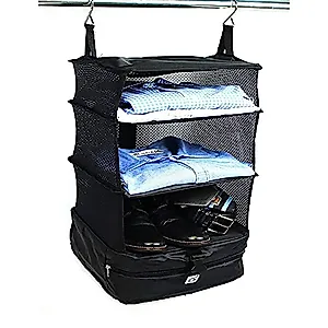 Zqyuboo Portable Hanging Travel, 3-Shelf Hanging Closet Organizer, Collapsible Hanging Closet Shelves, Hanging Organizer for Closet & RV, Large (Black)