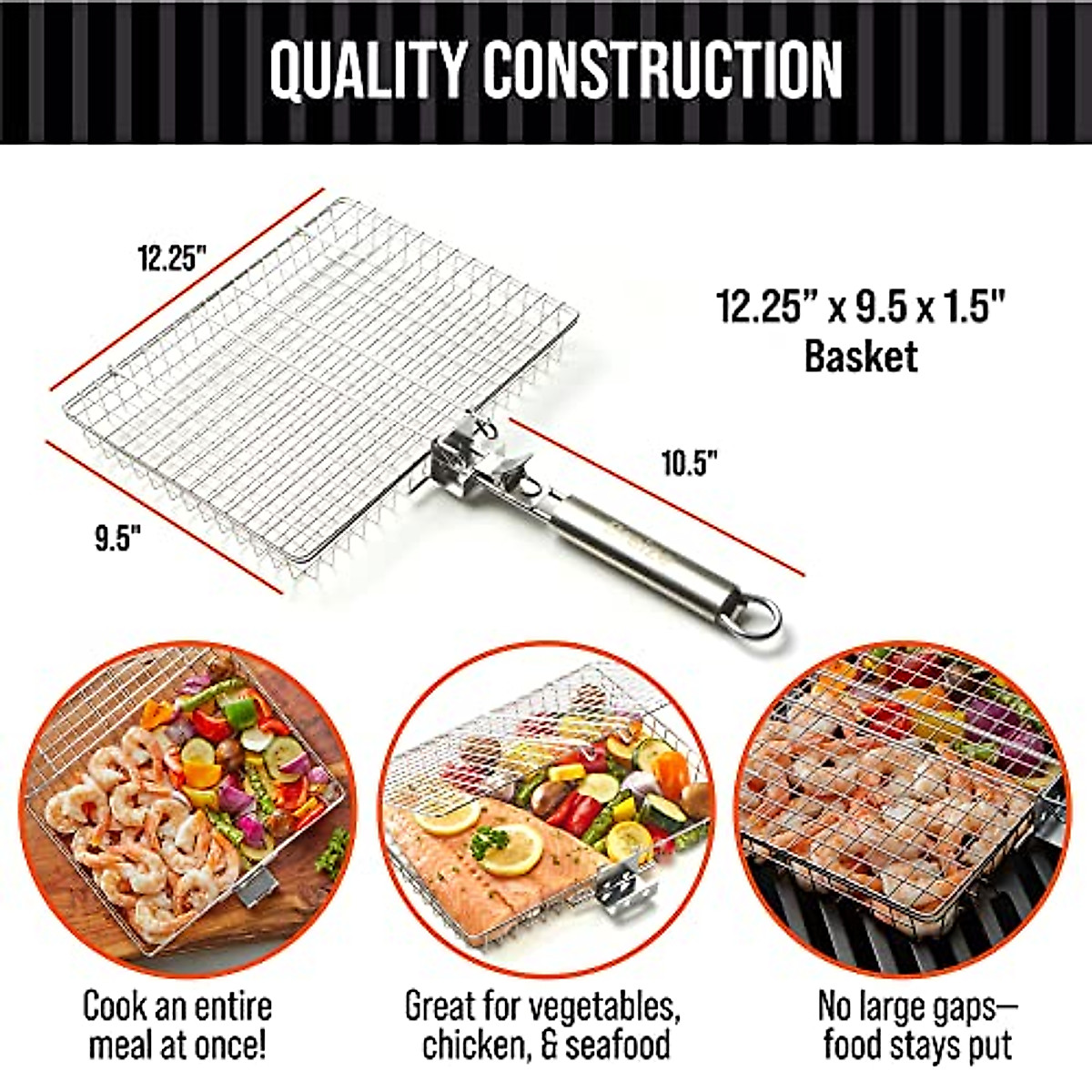 Braize Grill Basket with REMOVABLE HANDLE, fish grill basket - accessories for outdoor grill, cooking accessories, bbq grill. Grilling grilling set camping gear accessories.
