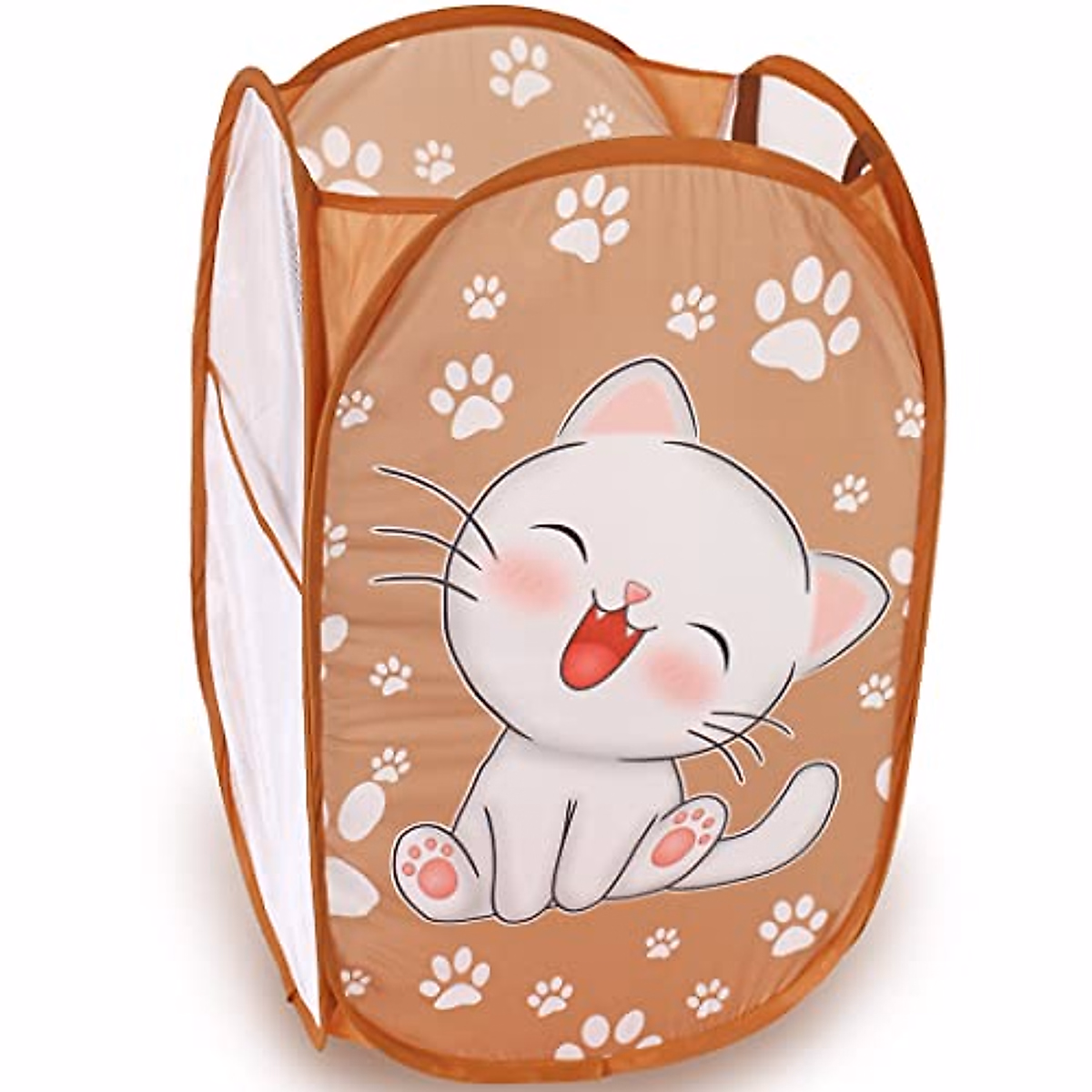 WEI LONG Mesh Popup Hamper-Foldable Lightweight Basket for Washing-Durable Clothing Storage for Kids Room,Students College Dorm,Home,Travel & Camping-Pop-up Clothes Hamper (Khaki Cat Paw)