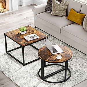 Wood Coffee Table Set: Large 47" Modern Oval Coffee Table for Living Room, Detachable into a Square Table and Small Round End Tables Mid-Century Side Table Couch Table with Storage, Stable Metal Stand