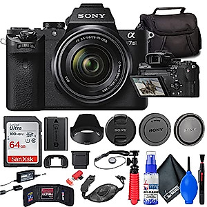 Sony a7 II Mirrorless Camera with 28-70mm Lens (ILCE7M2K/B) + Bag + 64GB Card + Card Reader + Flex Tripod + Hand Strap + Memory Wallet + Cap Keeper + Cleaning Kit (Renewed)