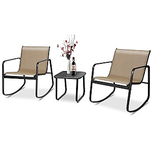 SOLAURA 3 Piece Patio Rocking Bistro Set, Textilene Fabric Outdoor Furniture, Porch Chairs Set with Glass Table for Lawn, Garden, Balcony, Poolside, Khaki