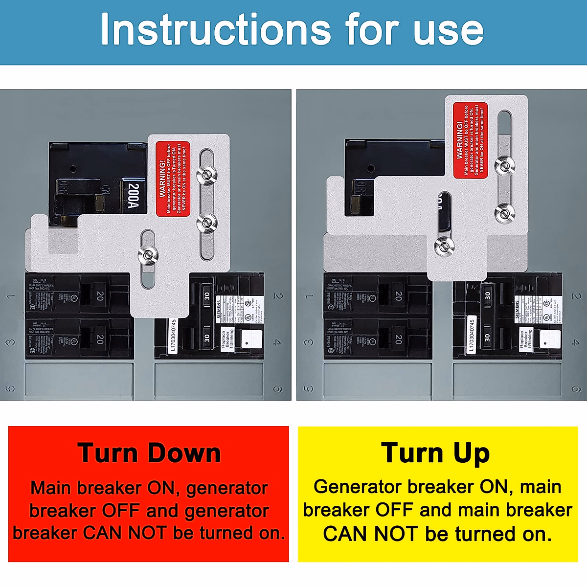 Generator Interlock Kit Compatible with Siemens or Murray 150 or 200 Amp Panels, 7/8-1 1/4" Spacing Between Main and Branch Breakers
