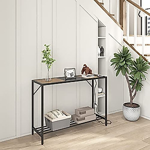 Console Table With Power Outlets and USB Ports, 41.7" Industrial Entryway Table with Shelf , Narrow Sofa Table for Hallway, Corridor, Foyer, Living Room, Wood Look Metal Frame - Rustic Brown and Black