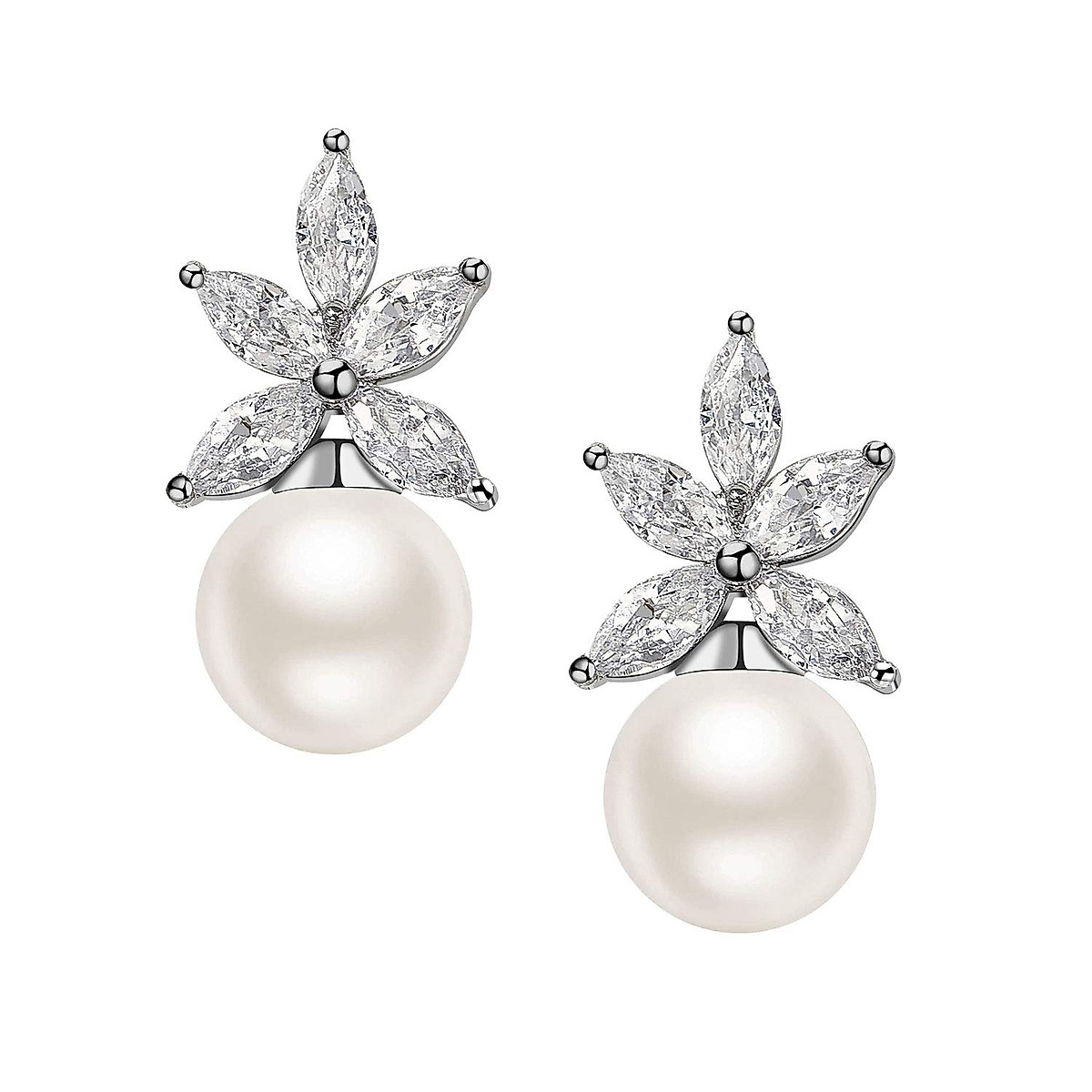 SWEETV Cluster Pearl Wedding Earrings for Birdes Bridesmaid, Crystal CZ Pearl Stud Earrings for Women, Prom, Ivory