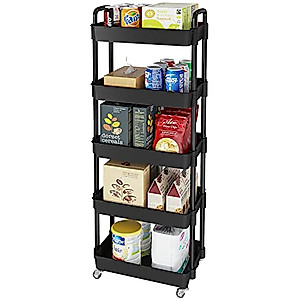 Laiensia 5-Tier Storage Cart,Multifunction Utility Rolling Cart Kitchen Storage Organizer,Mobile Shelving Unit Cart with Lockable Wheels for Bathroom,Laundry,with Classified Stickers,Black