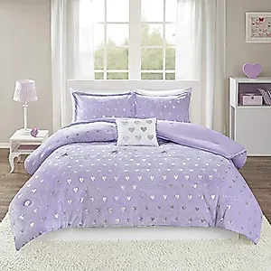 Mi Zone Rosalie Comforter Set for Girls, Ultra-Soft Microlight Plush Metallic Printed Hearts Brushed Reverse Overfilled Down Alternative Hypoallergenic All Season, Full/Queen, Purple/Silver, 4 Piece