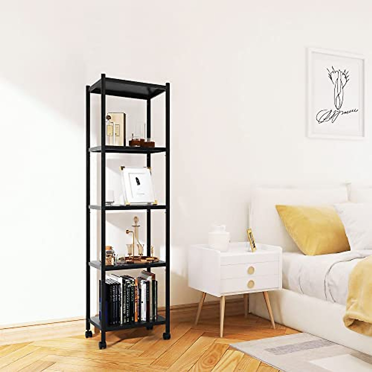 5-Tier Metal Rolling Cart Organizer with Wheels ，Adjustable Heavy Duty Free Standing Baker's Rack for Kitchens,Storage Tower for Pantry Laundry Bathroom Narrow Places