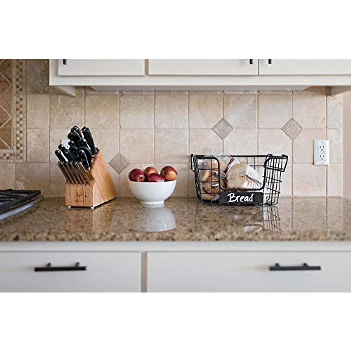 Stacking Wire Market Baskets with Chalk Label - Set of 2 - Fruit Vegetable Produce Metal Storage Bin for Kitchen Counter - Pantry Cabinet - Bathroom Shelves - Metallic Black