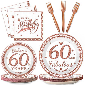 Wiooffen 60th Birthday Decorations for Woman 60th Birthday Paper Plates Napkins Cheers to 60 years Plates 60th Birthday Party Supplies for Women Rose Gold 60th Birthday Decorations Pink Party Supplies